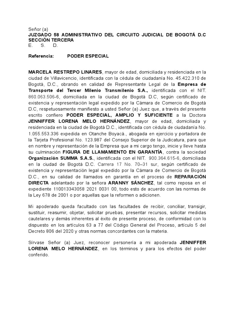 Poder Especial para Llamamiento en Garantía | PDF | Bogotá | Justicia