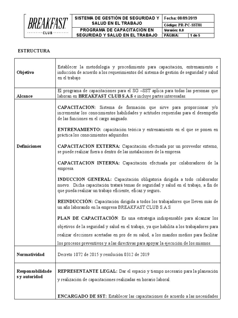 Programa de Capacitacion SG-SST | Descargar gratis PDF | Evaluación ...