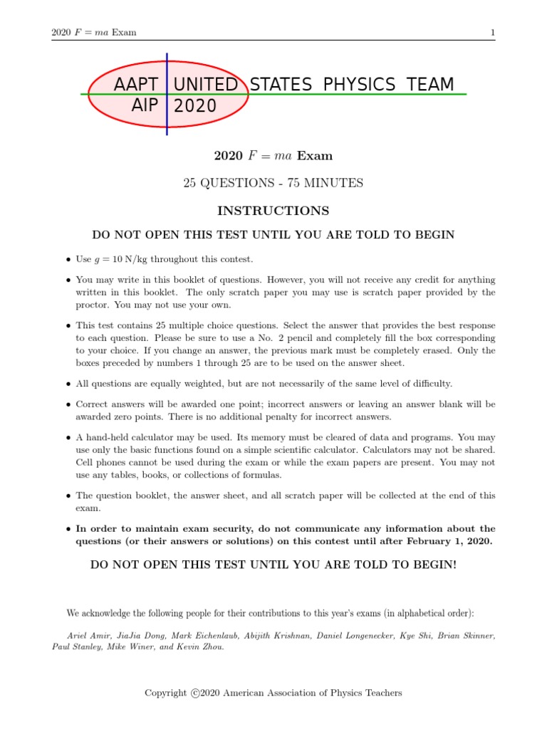 Aapt AIP 2020 United States Physics Team: 2020 F Ma Exam 25 Questions ...