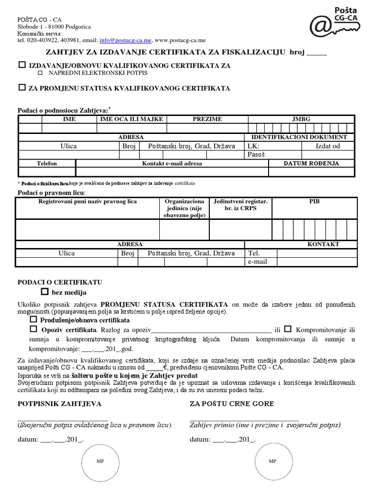 Zahtjev Za Izdavanje Certifikata Za Napredni Elektronski Potpis-Fiskalizaciju - (10768) | PDF