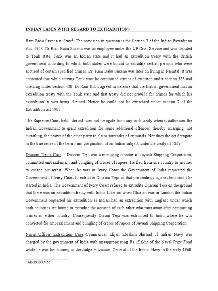 Indian Cases With Regard To Extradition | PDF | Extradition | Crime ...