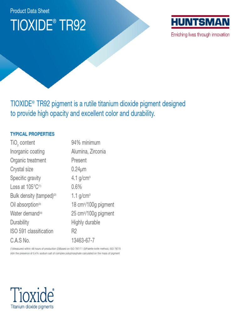 Product Data Sheet Tioxide tr92 | PDF | Titanium Dioxide | Materials