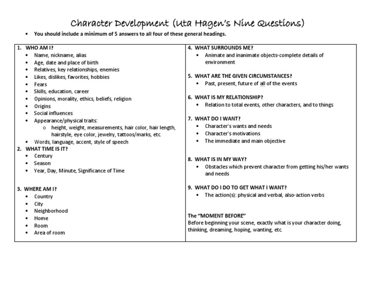 Character Development (Uta Hagen's Nine Questions) | PDF