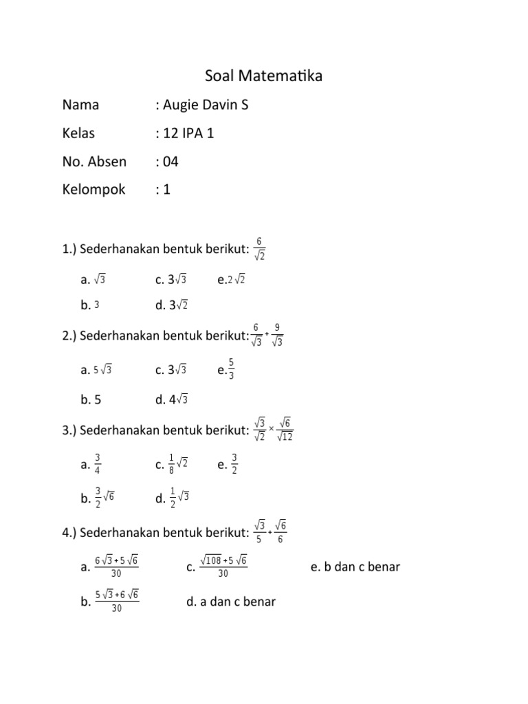 Soal Matematika Bentuk Akar | PDF