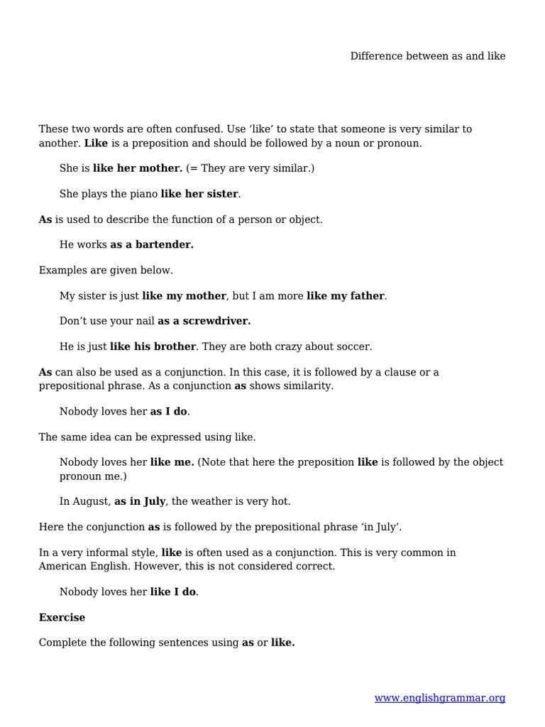 Difference Between As and Like | PDF | Language Arts & Discipline