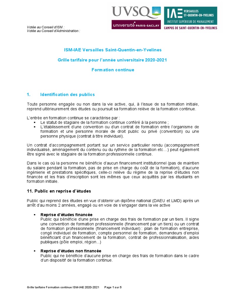 Grille Tarifaire FC ISM 2020-2021 | PDF | Texte/Examen | Business