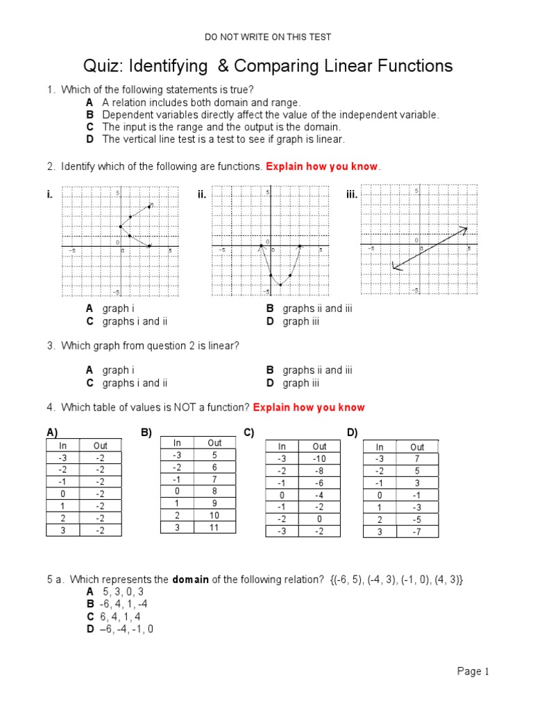 Quiz on Linear Functions and Relations | PDF | Dependent And ...