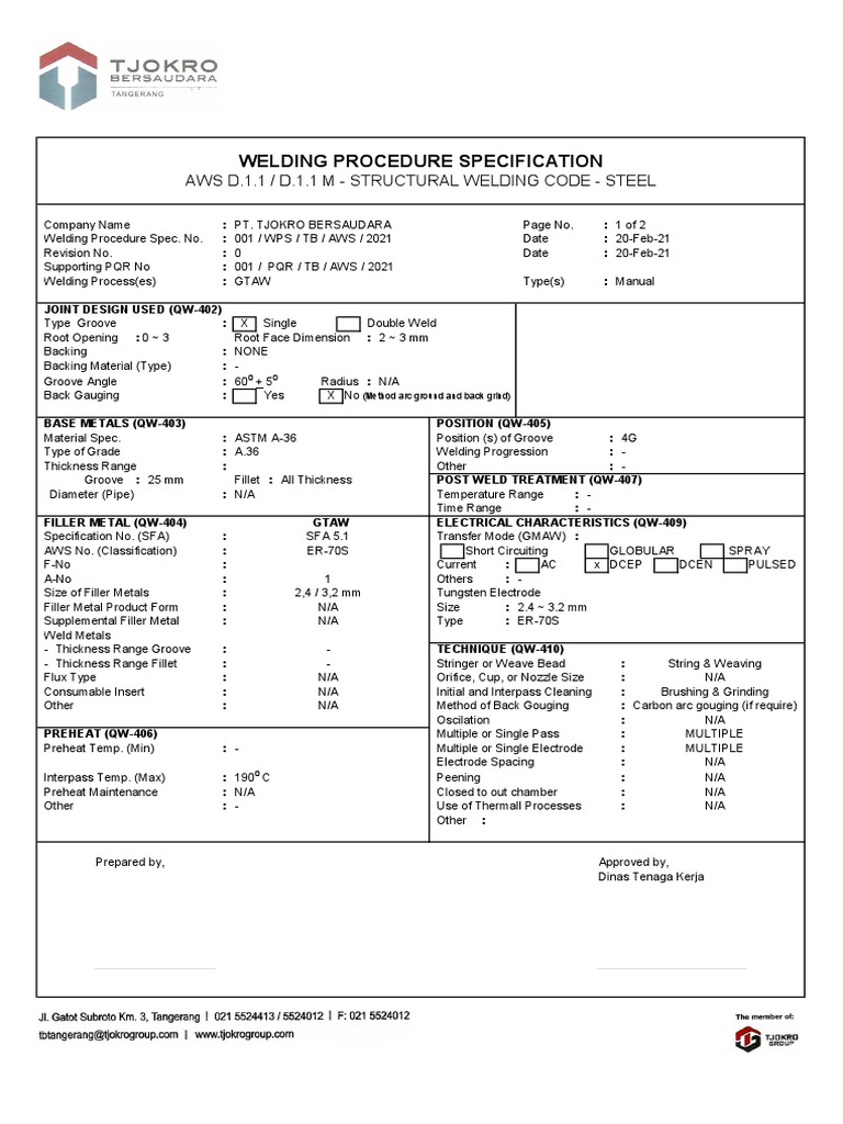 Welding Procedure Specification: Aws D.1.1 / D.1.1 M - Structural ...