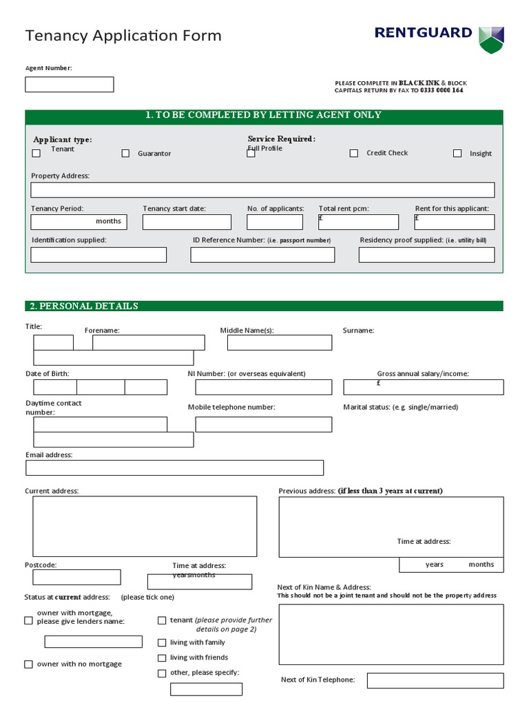 Tenancy Application Form: 1. To Be Completed by Letting Agent Only ...