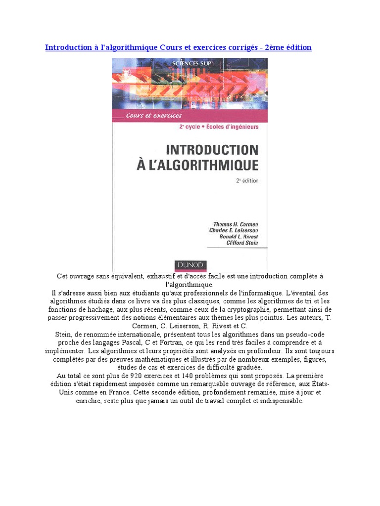Introduction À L'algorithmique Cours Et Exercices Corrigés | PDF | Ordinateurs