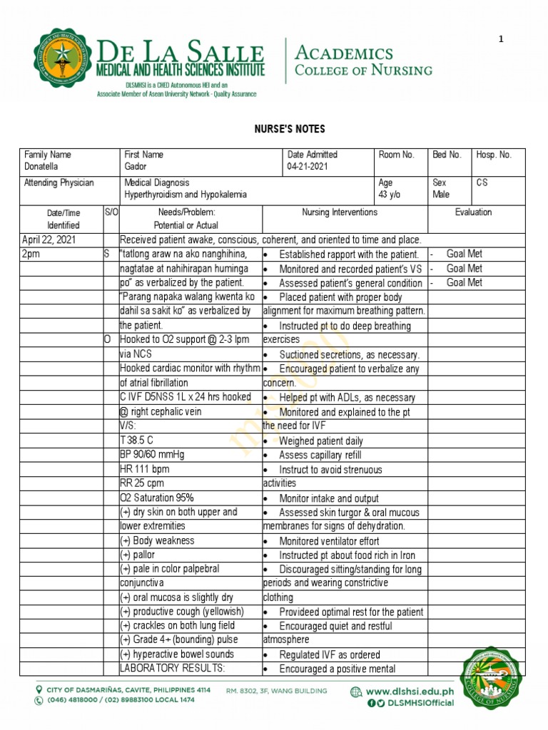Nurses Notes Soapie Day 2 | PDF | Medical Specialties | Physiology