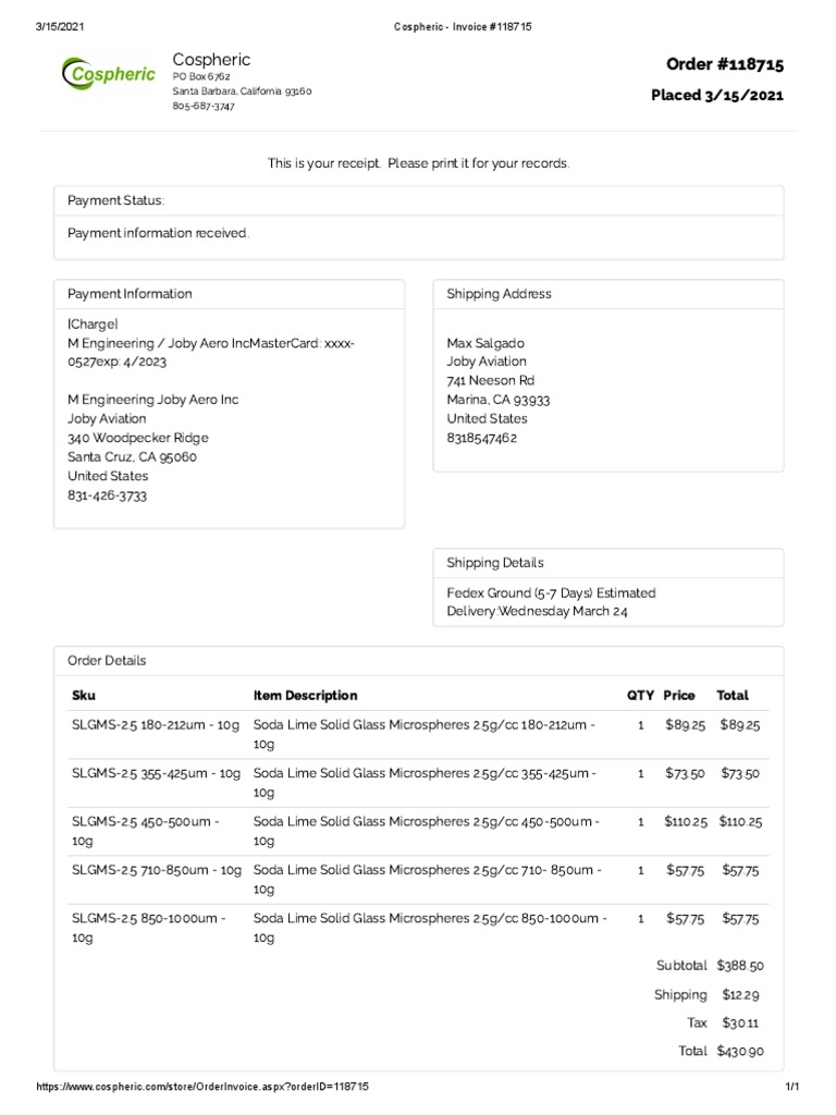 Cospheric - Invoice #118715 | PDF | Business Documents | Accounting
