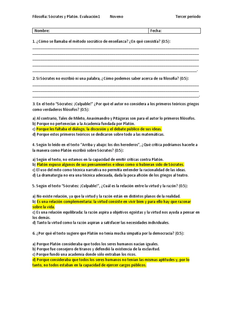 Evaluación Sócrates Platón | PDF | Platón | Sócrates