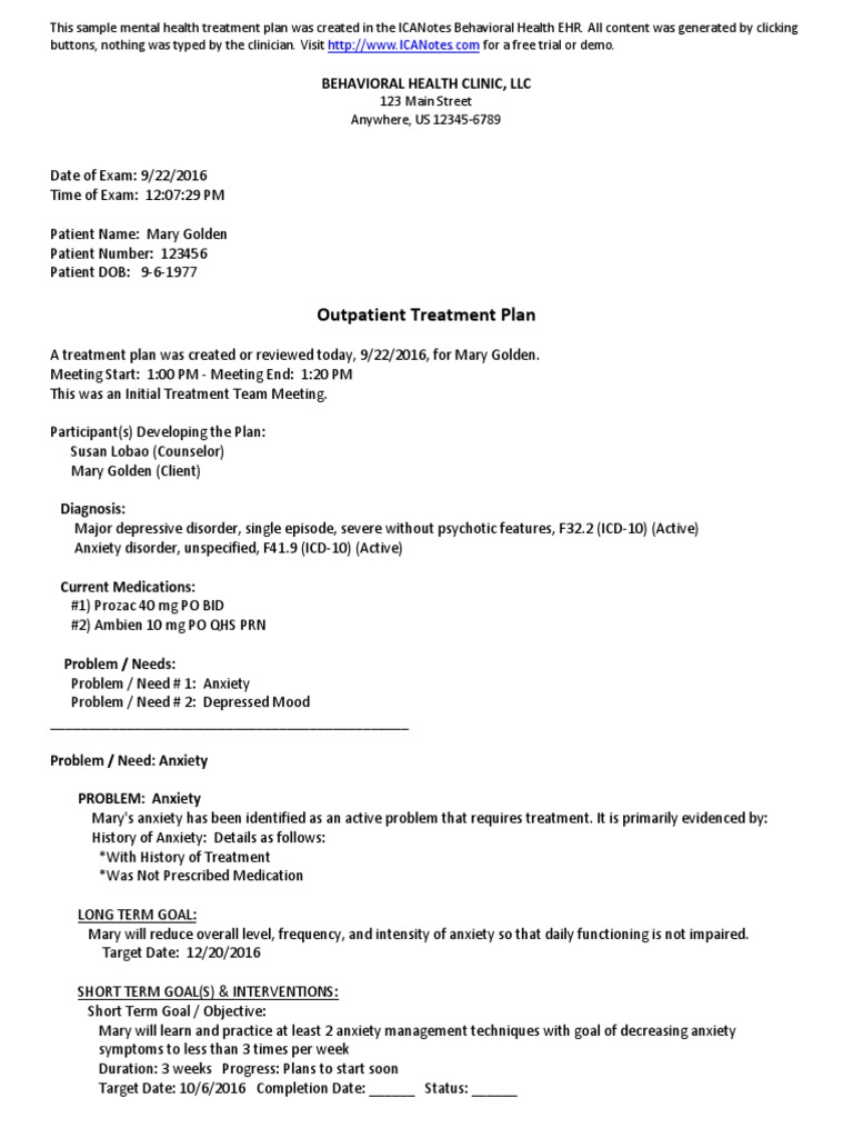 Clinical Mental Health Treatment Plan Template Mental Health Progress