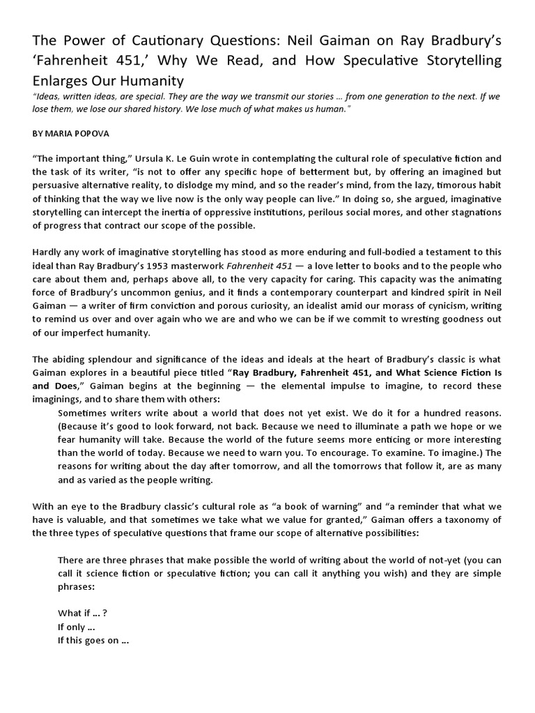 The Power of Cautionary Questions-Neil Gaiman On Bradburys Fahrenheit ...