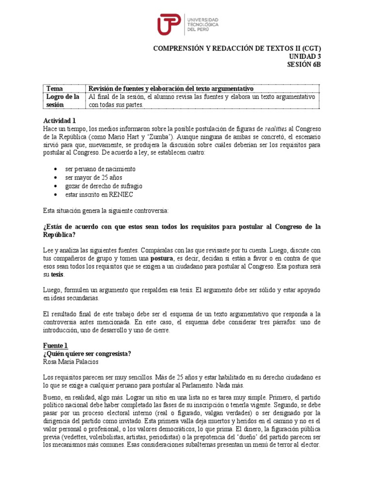 U3 - S6 - Texto Argumentativo (Requisitos Congreso) B | PDF | República | Ciencias Políticas