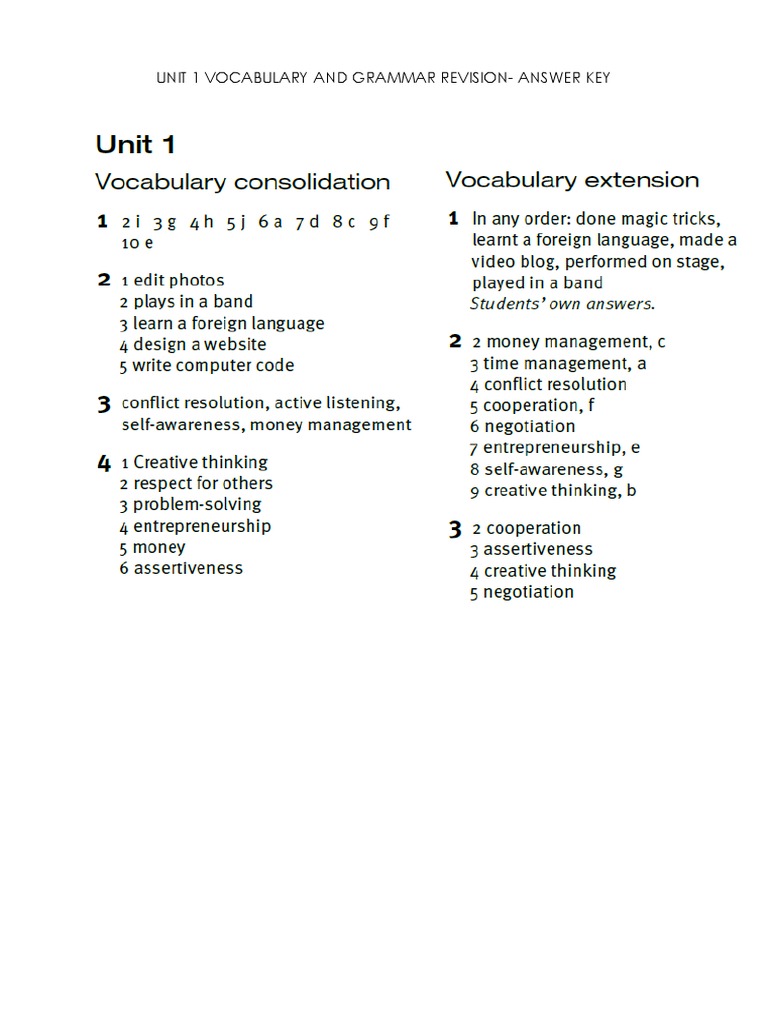 Unit 1 Vocabulary and Grammar Revision. Answer Key | PDF