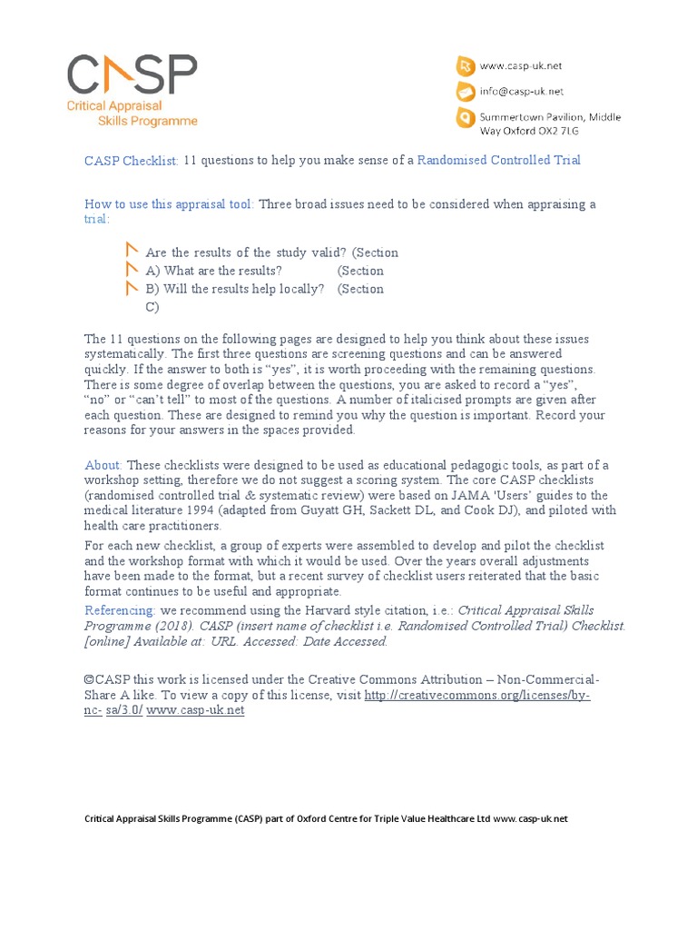 CASP Checklist: Randomised Controlled Trial How To Use This Appraisal Tool | PDF | Randomized ...