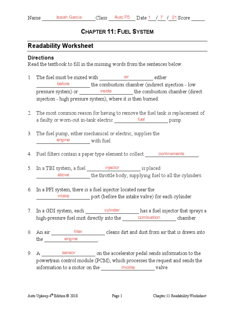 C 11: F S Readability Worksheet: Directions | PDF | Throttle | Fuel ...