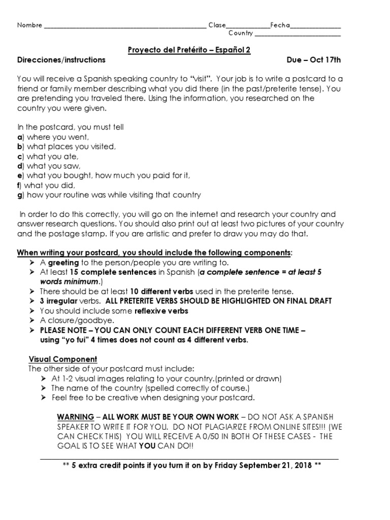 Postcard Project: Spanish Preterite Assignment | PDF | Grammar ...
