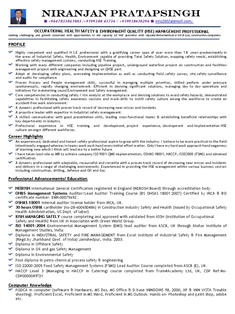 HSE Manager & Supervisor CV - Niranjan 30-04-2021 | PDF | Occupational ...