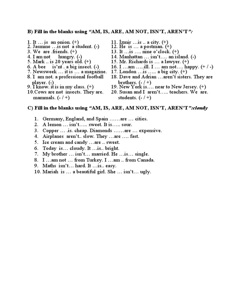 B) Fill in The Blanks Using "AM, IS, ARE, AM NOT, ISN'T, AREN'T" | PDF