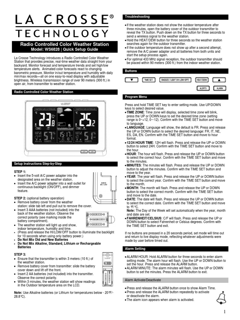 Radio Controlled Color Weather Station: Model: WS6828 - Quick Setup ...