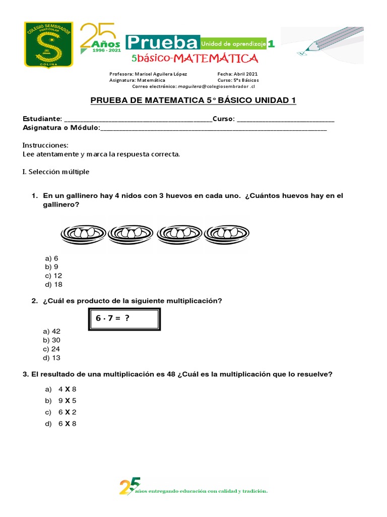 5 Básico PRUEBA UNIDAD 1 MATEMÁTICA | PDF | Enseñanza de matemática ...