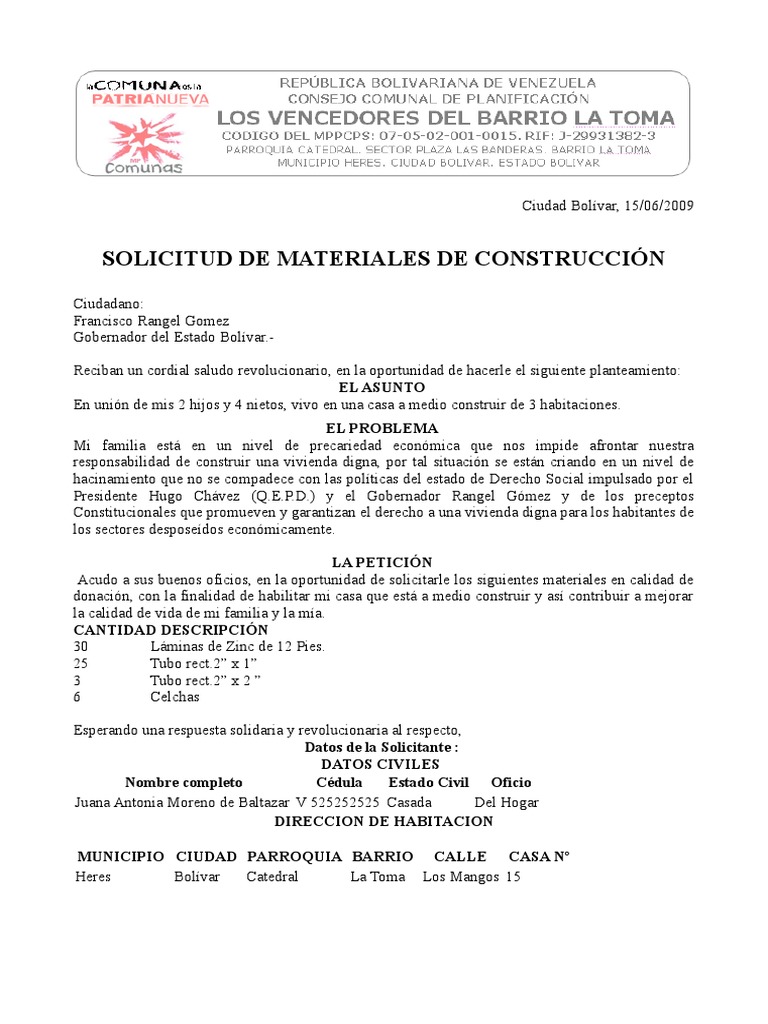 SOLICITUD DE MATERIALES DE CONSTRUCCIÓN | PDF