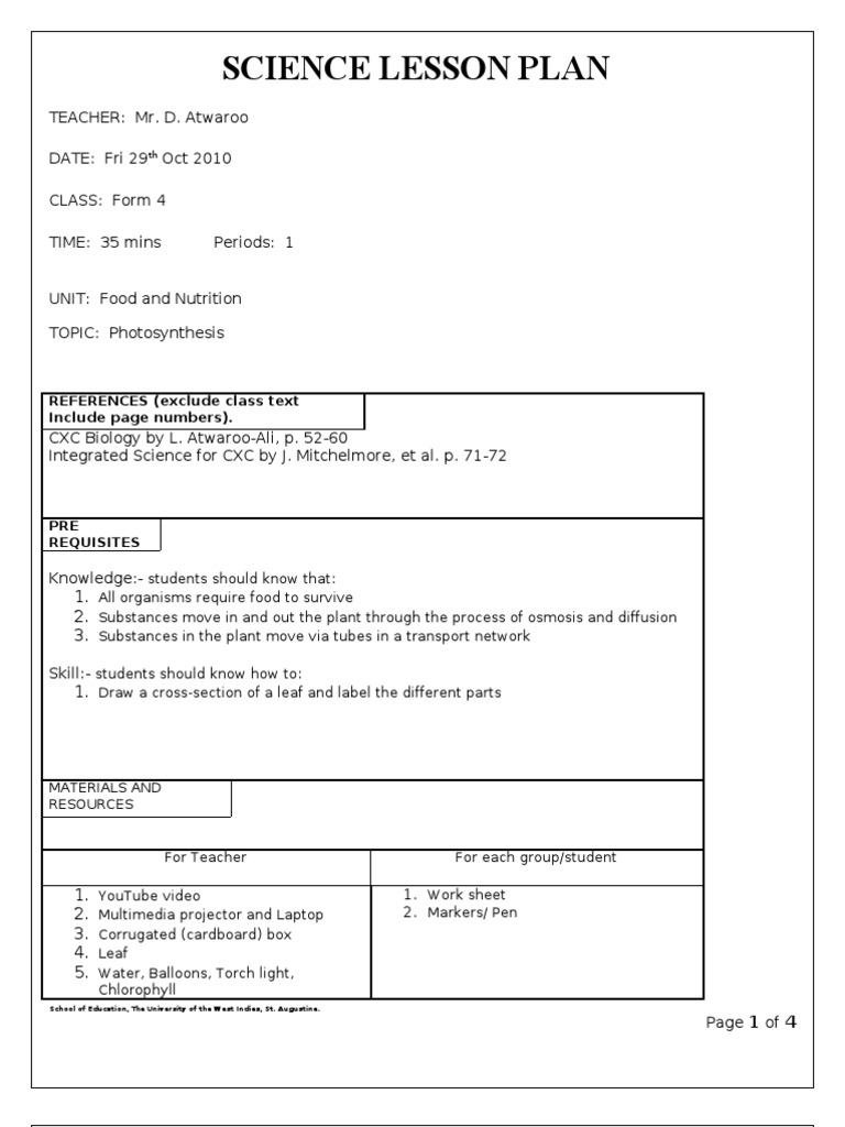 SCIENCE_LESSON_PLAN_photosynthesis | Photosynthesis | Plants
