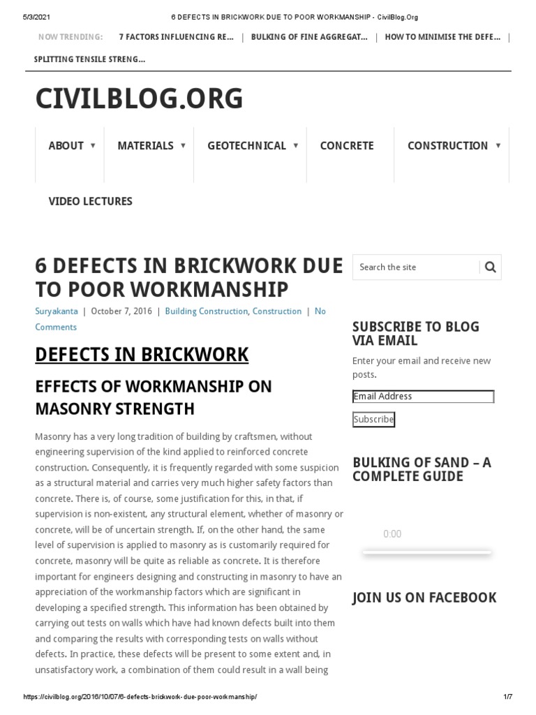 6 Defects in Brickwork Due To Poor Workmanship | PDF | Mortar (Masonry ...