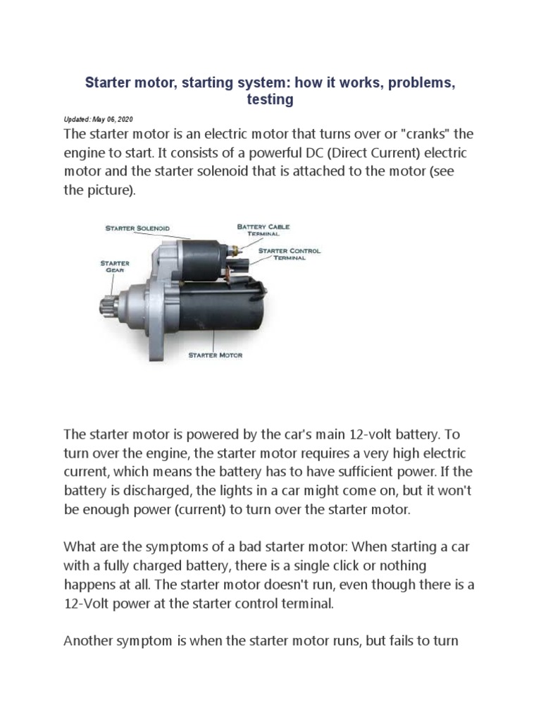 Starter Motor, Starting System: How It Works, Problems, Testing | PDF ...