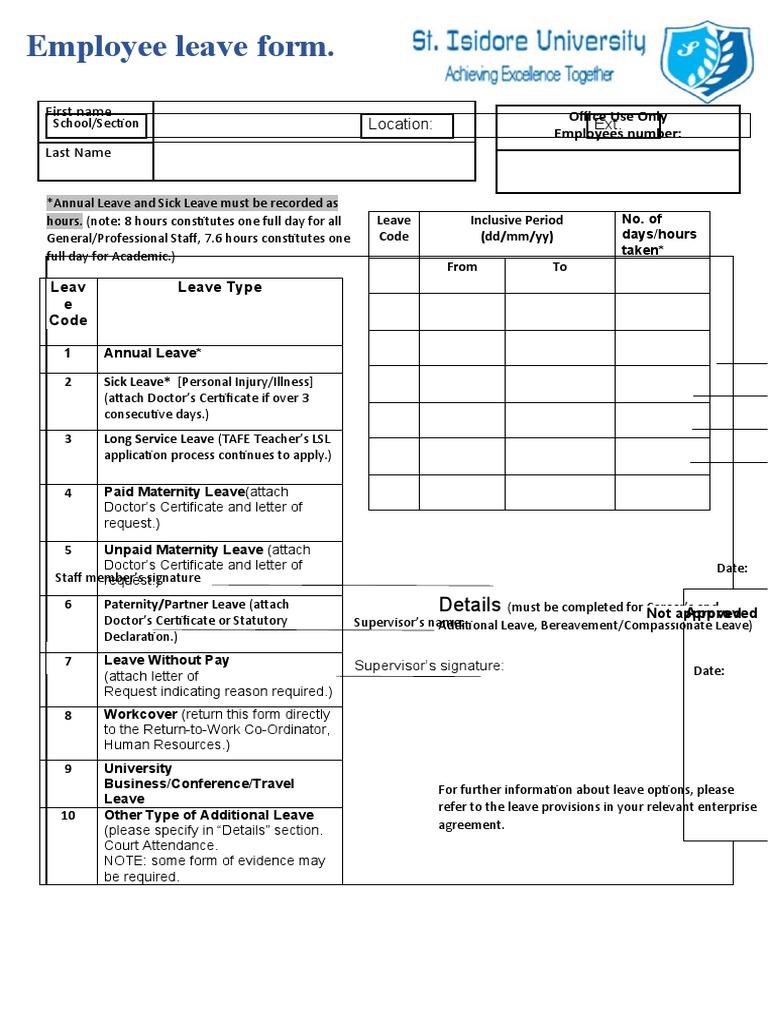 Employee Leave Form.: Office Use Only Employees Number | PDF | Sick ...