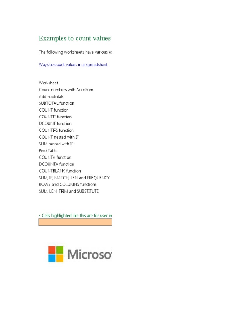 Examples To Count Values in An Excel Spreadsheet | PDF | Spreadsheet | Incremental Computing