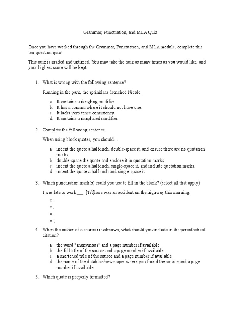 Grammar Punctuation and Mla Quiz | PDF | Punctuation | Comma