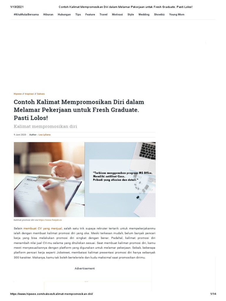 Contoh Kalimat Mempromosikan Diri Dalam Melamar Pekerjaan Untuk Fresh ...