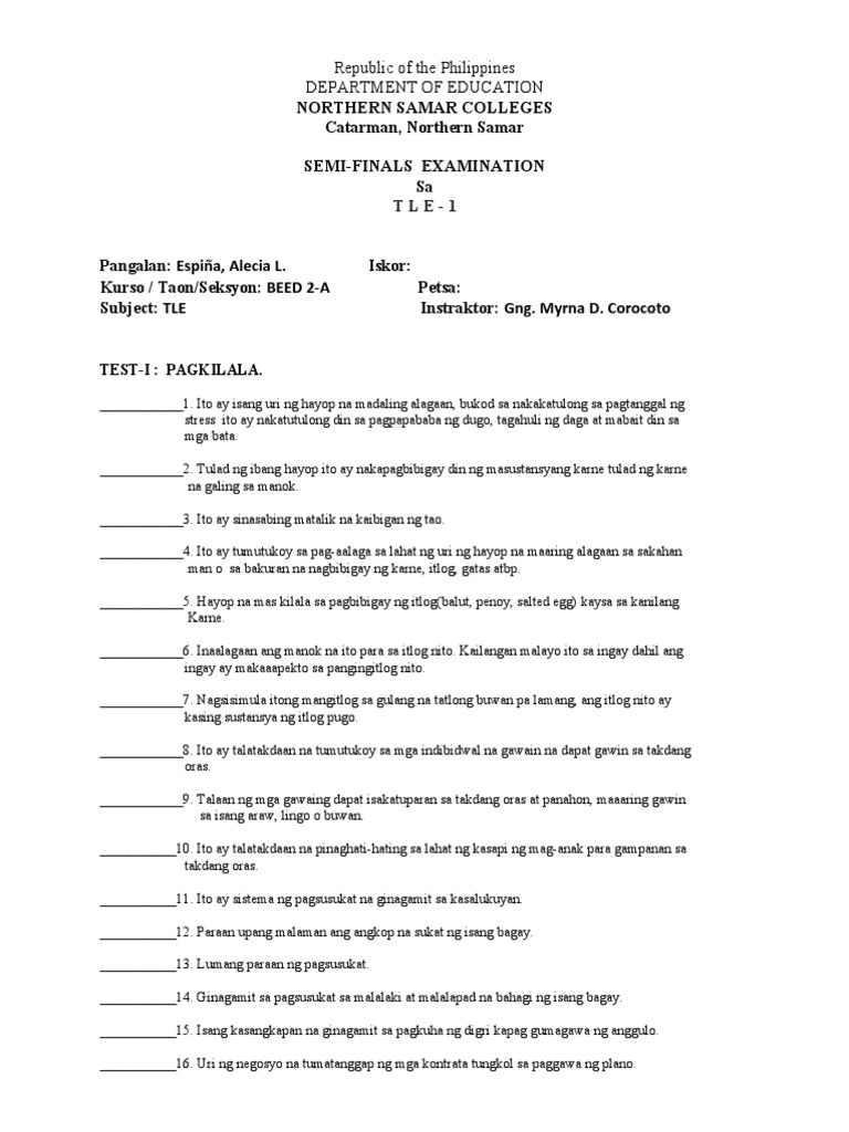 Semi-Finals Examination in Tle 1 | PDF