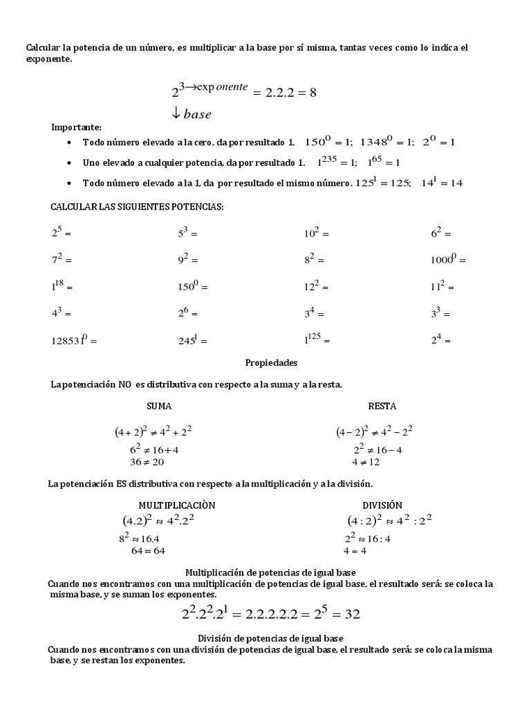 Trabajo Práctico-Propiedades-Potenciación | PDF | Multiplicación | Exponenciación