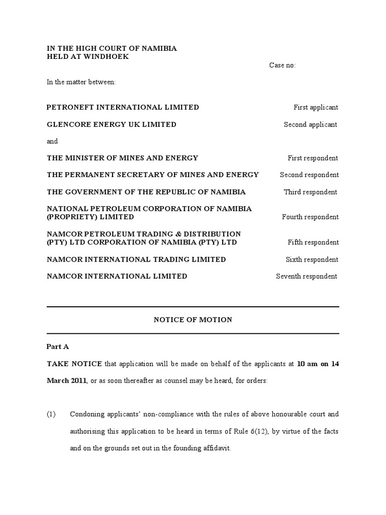 Final Draft Notice of Motion: PETRONEFT INTERNATIONAL LIMITED, GLENCORE ...