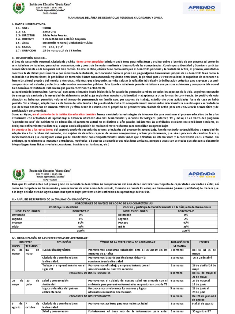 PLAN ANUAL DEL ÁREA DE DPCC CICLO VI 1° 2° | PDF | Aprendizaje ...