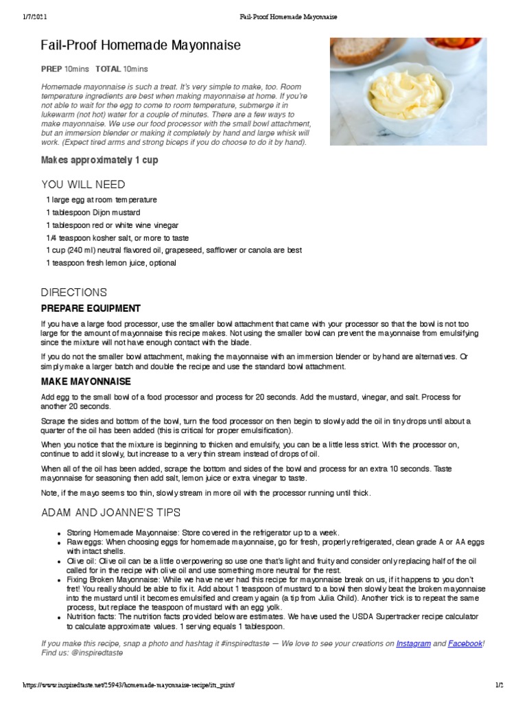 Fail-Proof Homemade Mayonnaise | PDF | Mayonnaise | Egg As Food