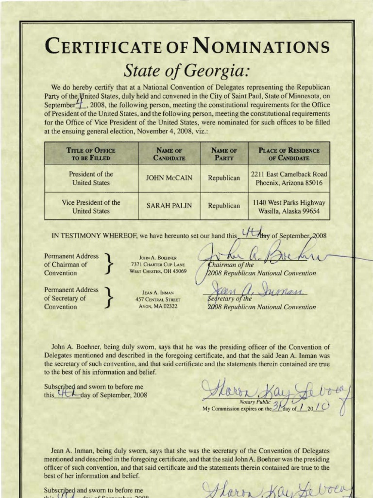 Presidential Nomination Certificate - Rep | PDF | Vice President Of The ...