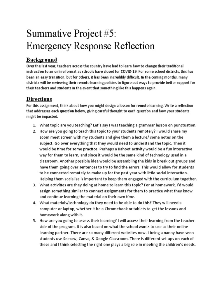 sp5 Emergency Response Reflection | PDF | Distance Education | Classroom