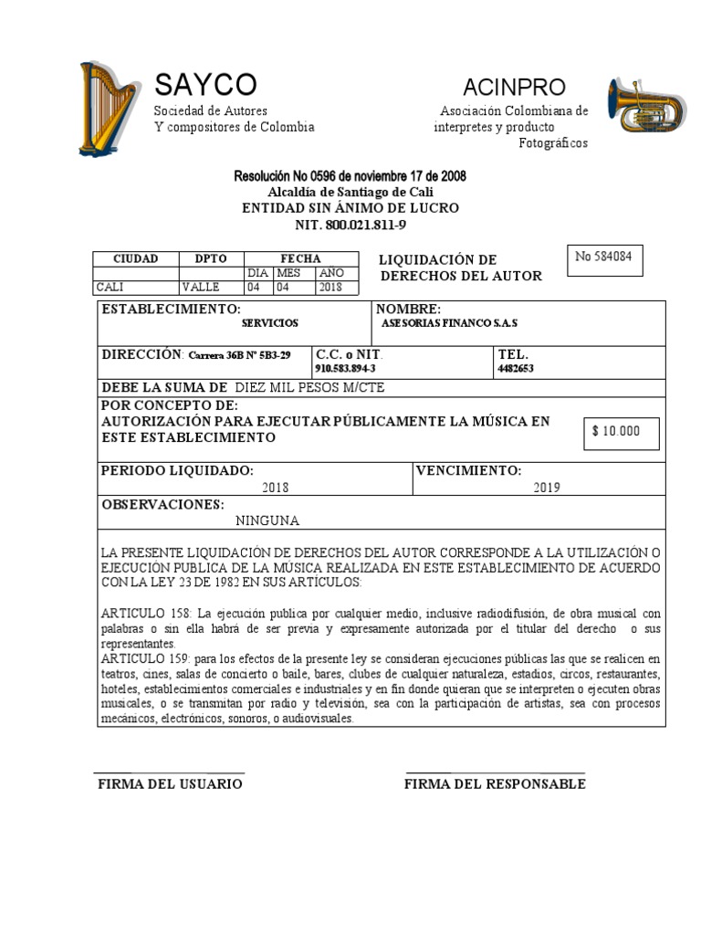 Formulario de Sayco & Acinpro | PDF | Entretenimiento (general ...