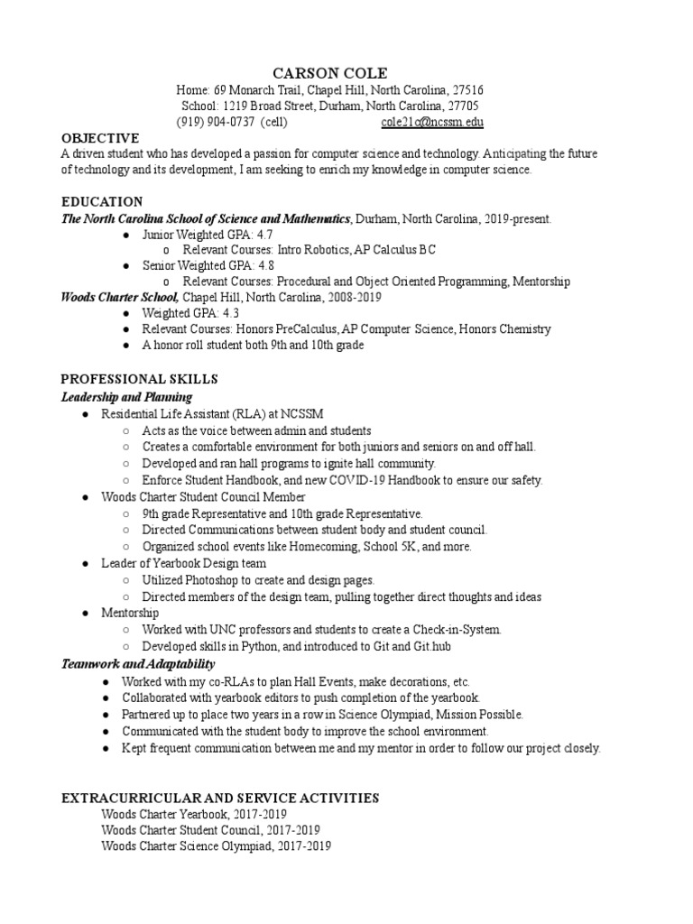 Carson Cole - Resume 1 | PDF | University Of North Carolina At Chapel ...