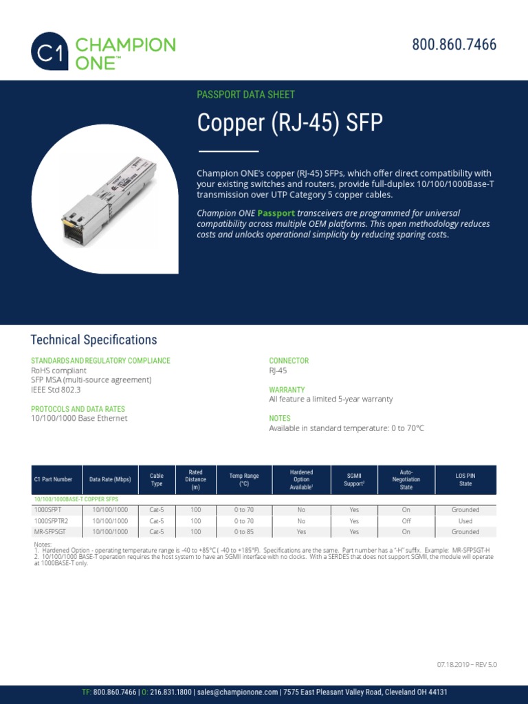 Copper (RJ-45) SFP: Technical Specifications | PDF | Network Protocols ...