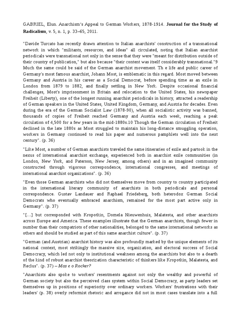 GABRIEL, Elun. Anarchism's Appeal To German Workers, 1878-1914 | PDF ...