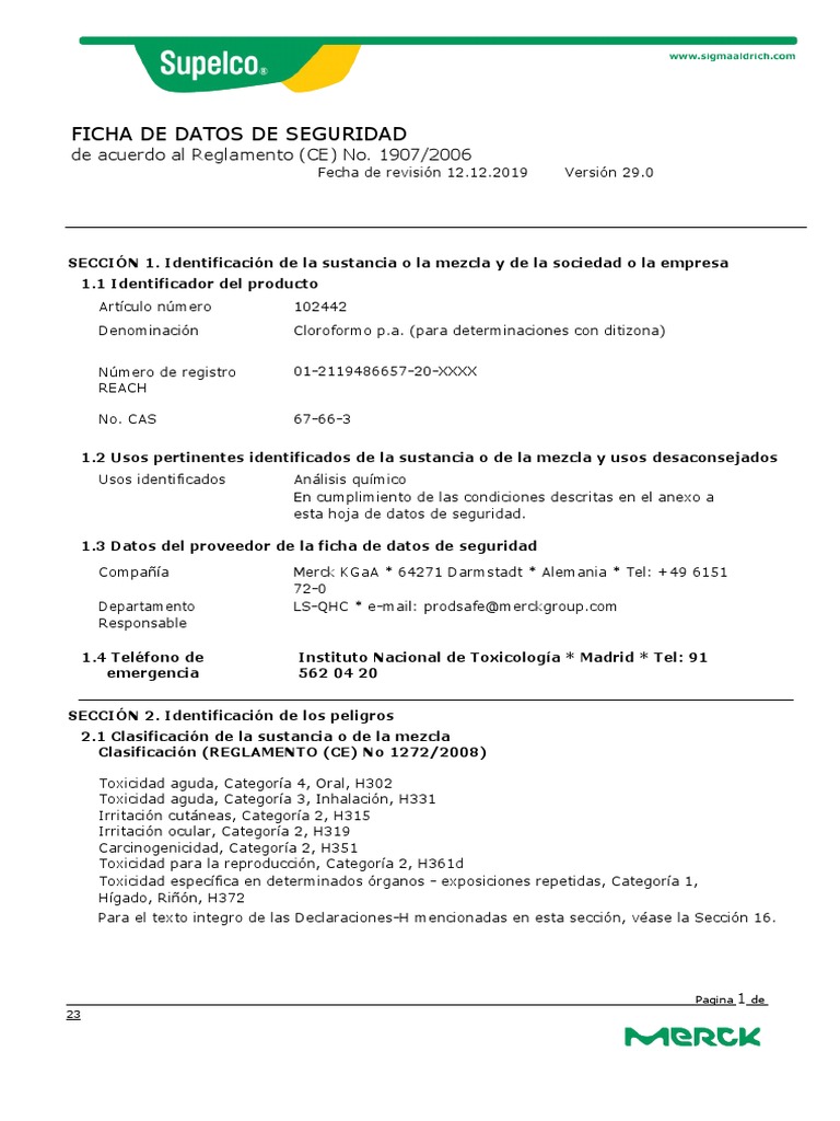 Hoja de Seguridad Cloroformo | PDF | Aguas residuales | Residuos