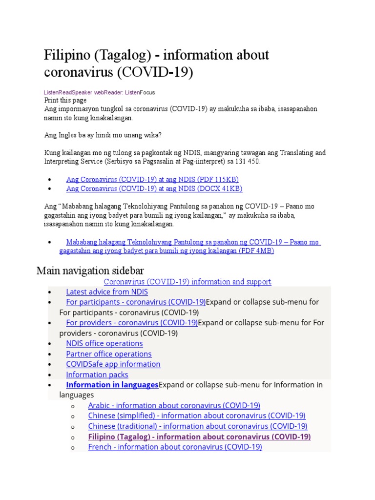 Filipino (Tagalog) - Information About Coronavirus (COVID-19) | PDF ...