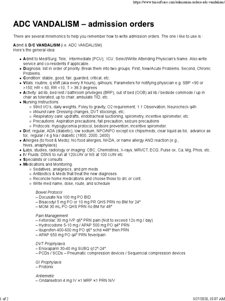 Admission Orders | PDF | Rtt | Medicine